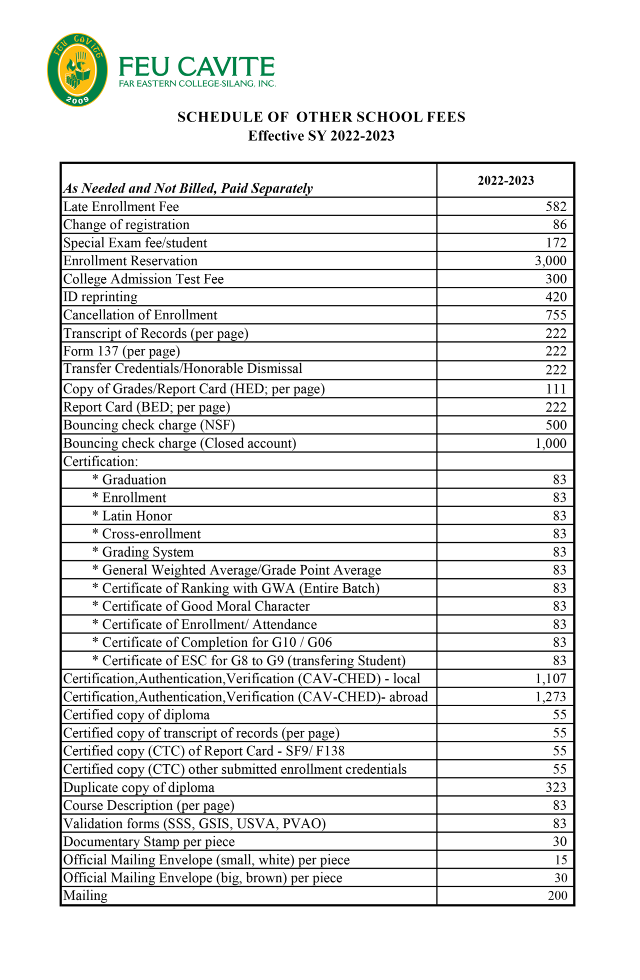 Schedule of Other School Fees - FEU CAVITE
